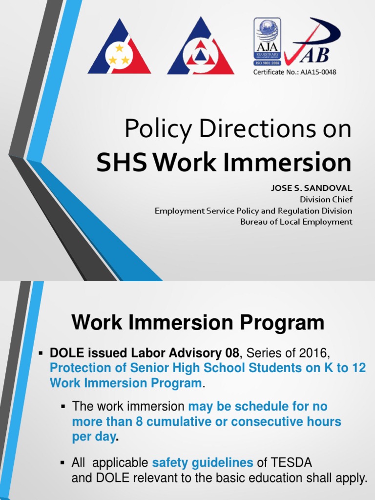 SHS Work Immersion MrJoseSandoval | PDF | Occupational Safety And ...