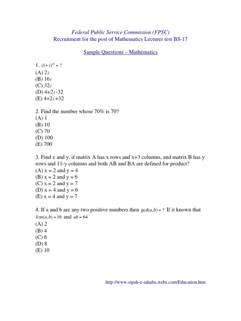 Sample Mathematics Questions for the Position of Lecturer at the ...