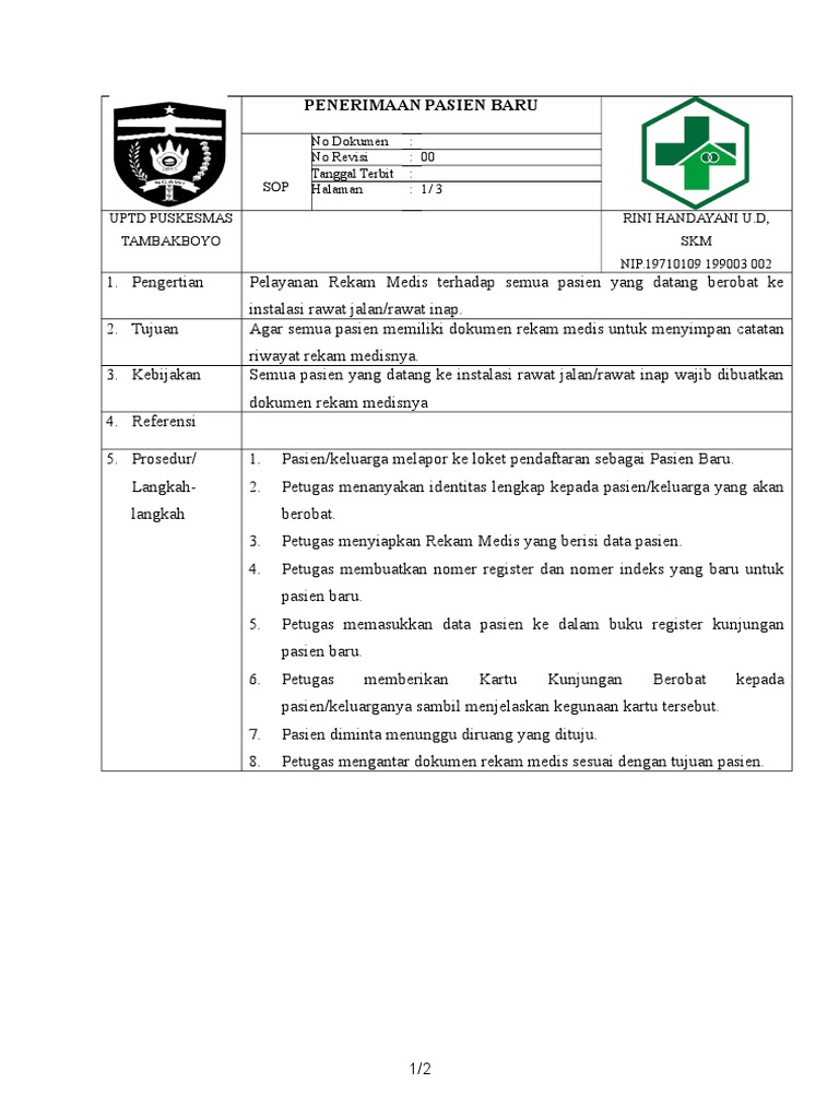 SOP Penerimaan Pasien Baru | PDF