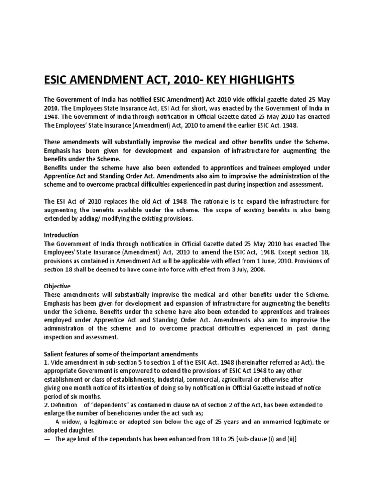 Esic Amendment Act 2010 | PDF | Government