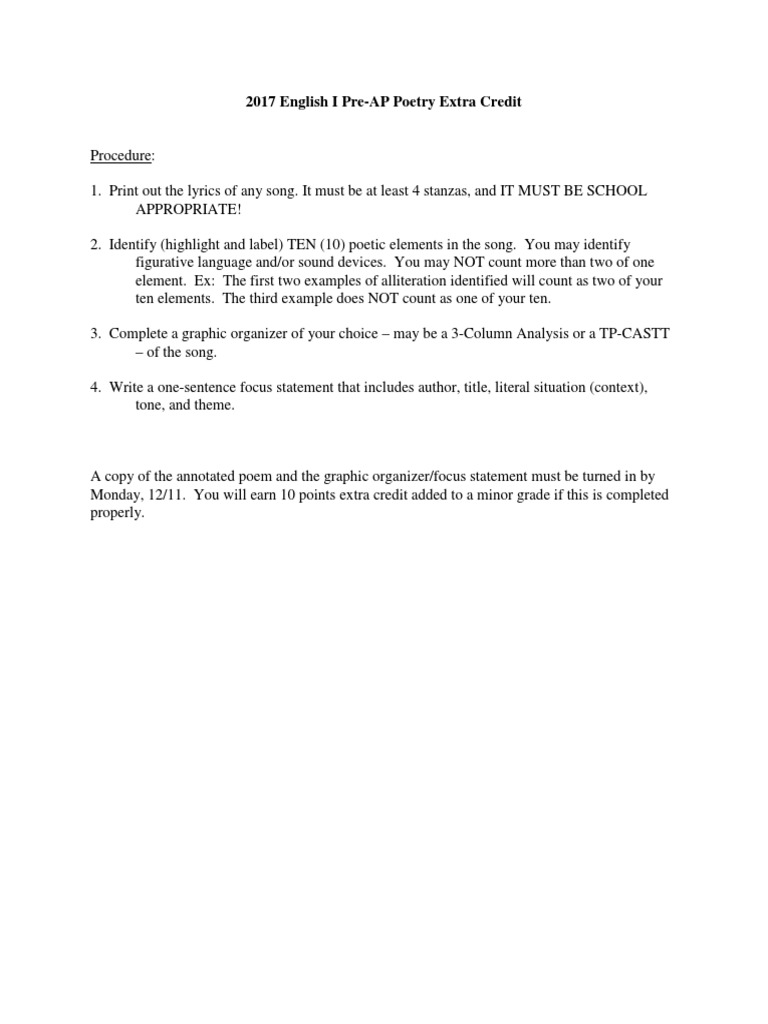 2017 English I Pre-AP Poetry Extra Credit | PDF | Poetry
