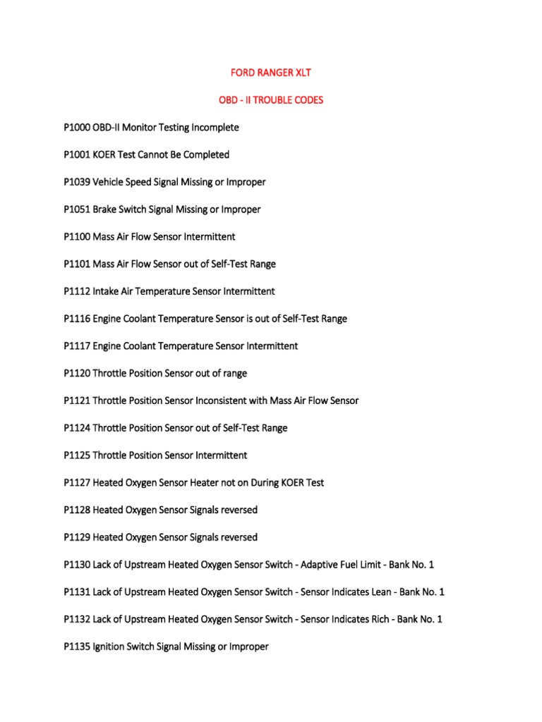 Ford Ranger XLT Fault Codes | PDF | Ignition System | Throttle