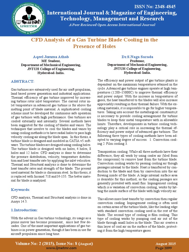 CFD Analysis of A Gas Turbine Blade Cooling in The Presence of Holes ...