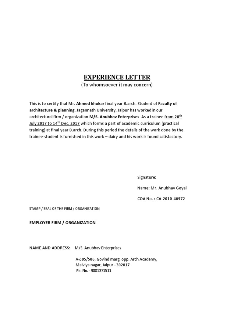 Experience Letter: (To Whomsoever It May Concern) | PDF