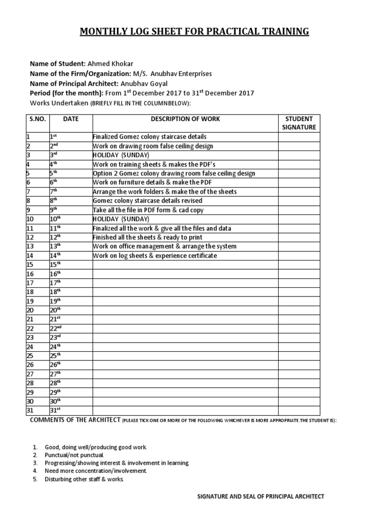 Monthly Log Sheet For Practical Training | PDF