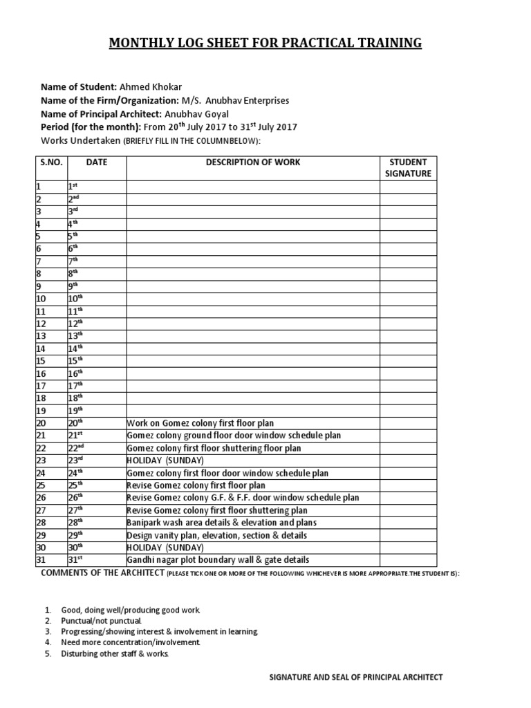 Monthly Log Sheet For Practical Training | PDF