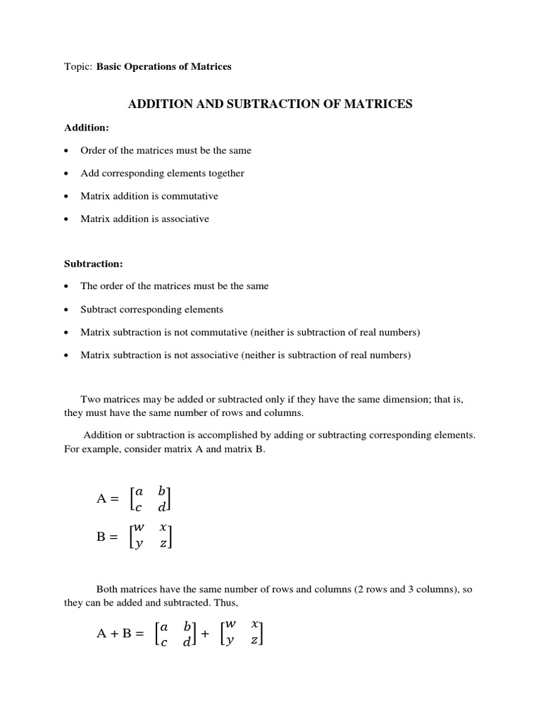 Addition and Subtraction of Matrices | PDF | Matrix (Mathematics) | Algebra