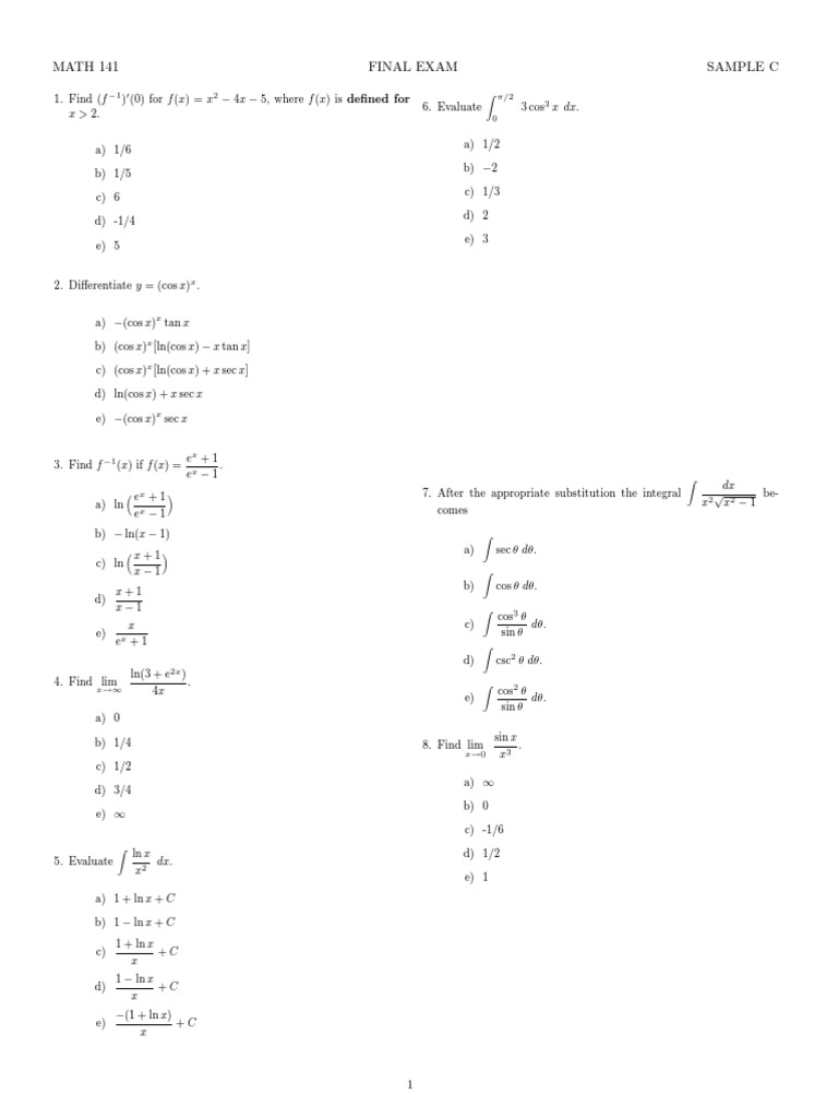 MATH 141 Final Exam Sample C | PDF | Trigonometric Functions | Integral