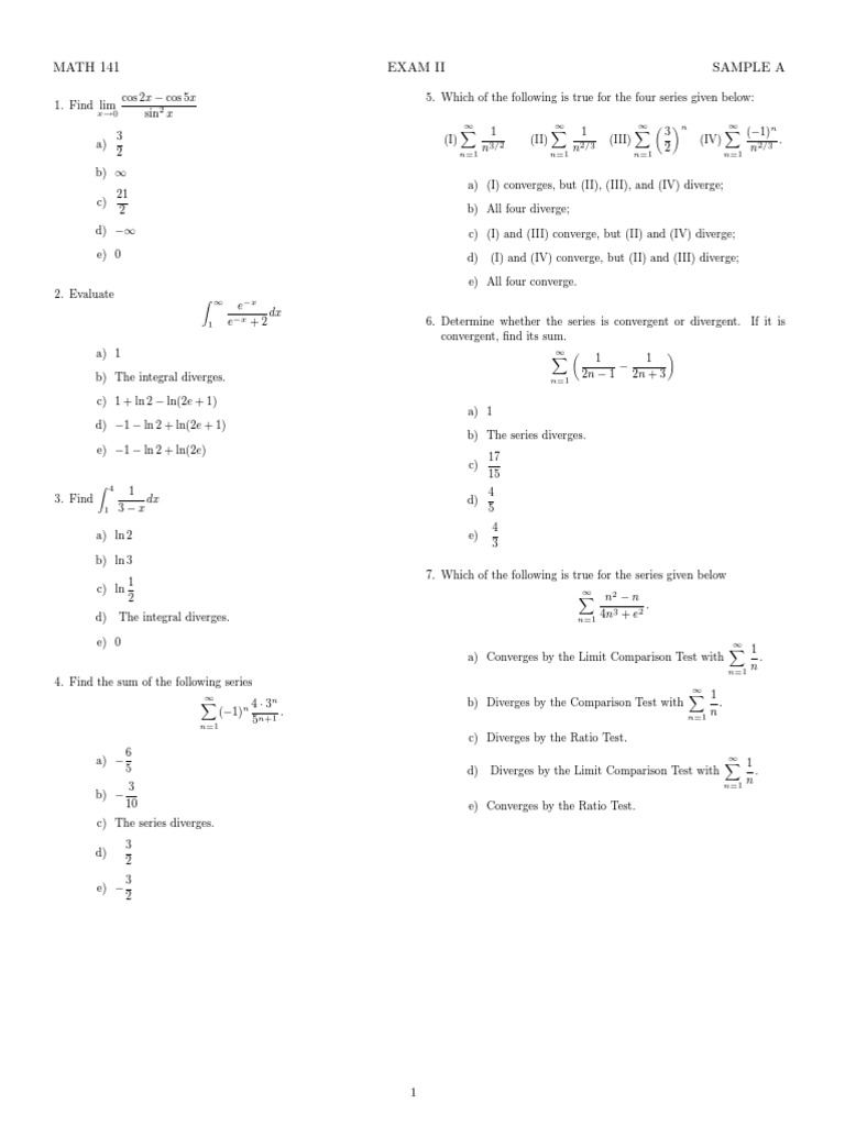 MATH 141 Exam Ii Sample A | PDF | Series (Mathematics) | Calculus