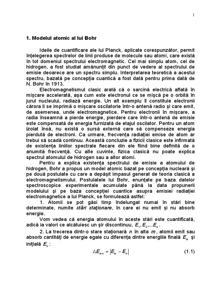 CURS 1 Modelul Atomic Al Lui Bohr | PDF