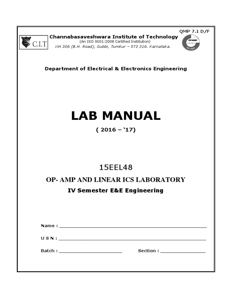 OPAMP and LIC Lab - IV Sem PDF | PDF | Amplifier | Operational Amplifier