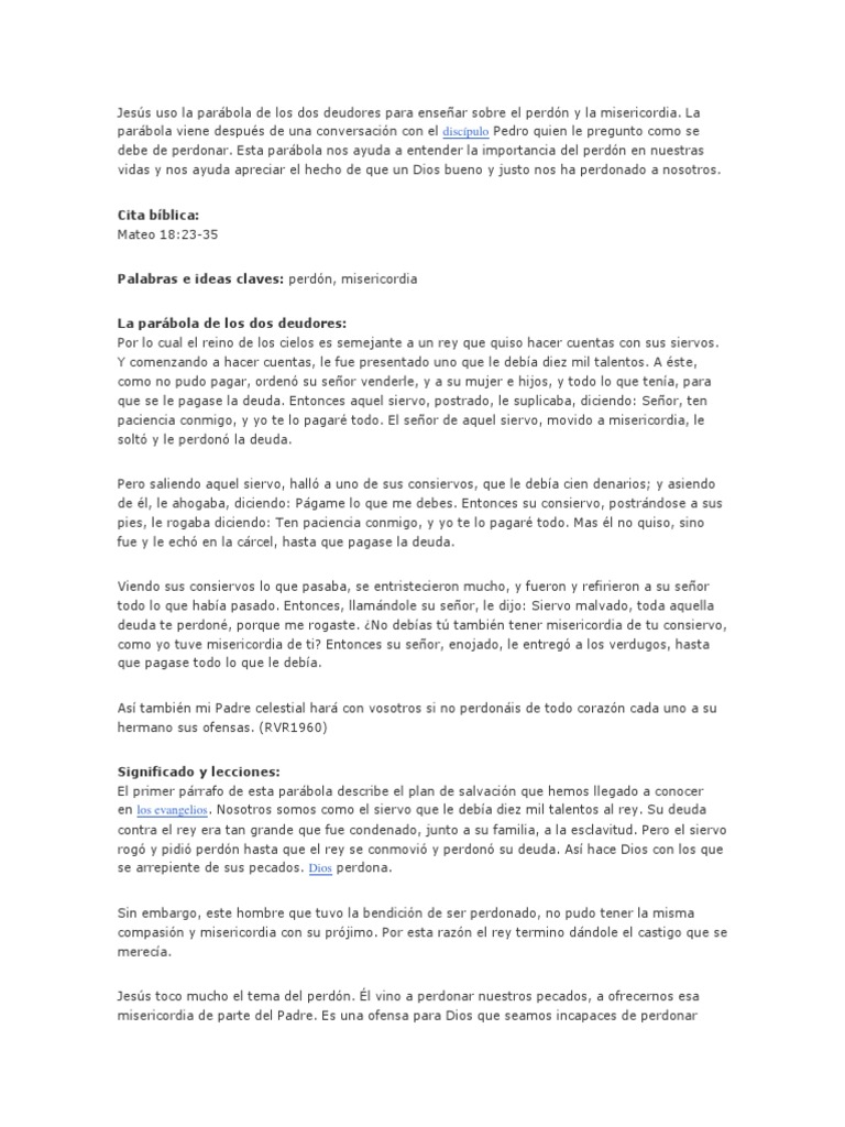 Jesús Uso La Parábola de Los Dos Deudores Para Enseñar Sobre El Perdón ...