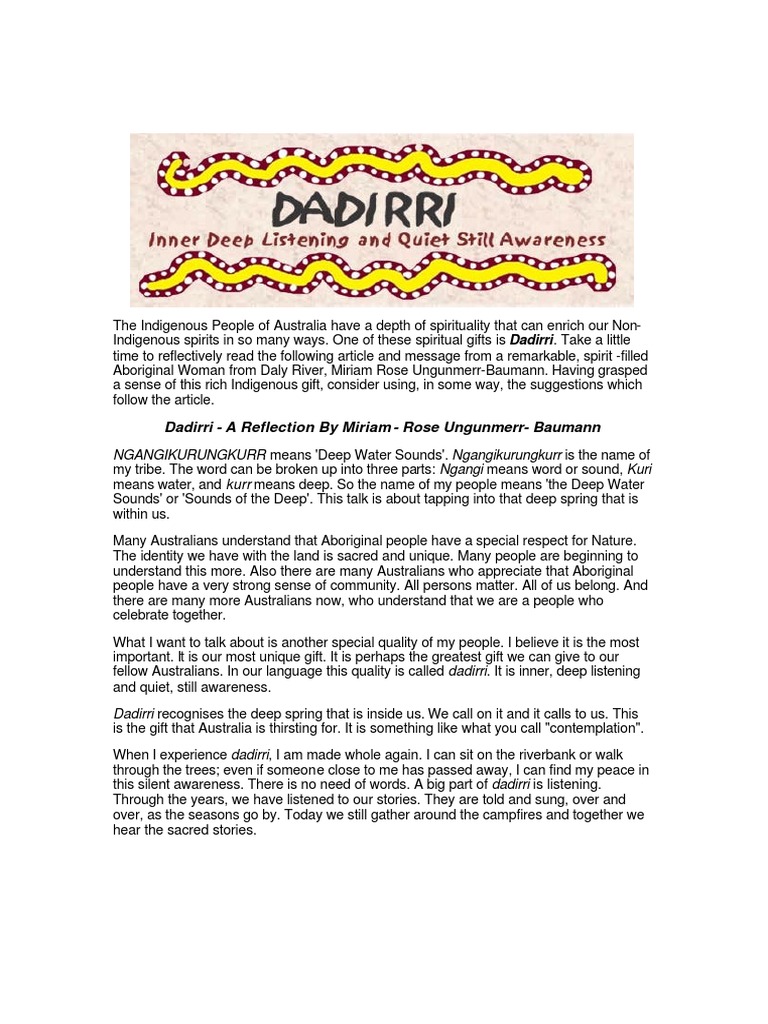 Dadirri Inner Deep Listening M R Ungunmerr Bauman Refl | Indigenous ...