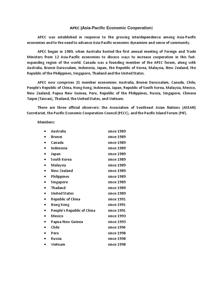 APEC Bacground Information | PDF | Asia Pacific Economic Cooperation ...