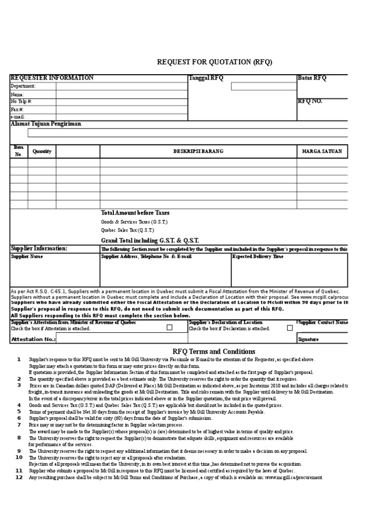 Request For Quotation (RFQ) : Requester Information Tanggal RFQ Batas ...