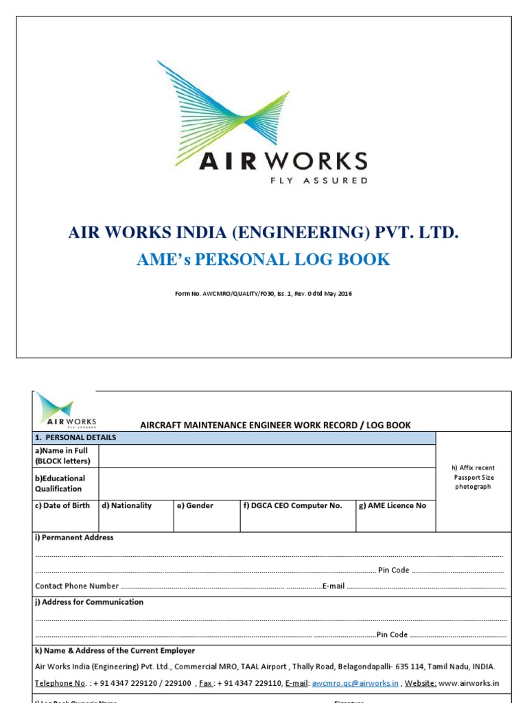 Air Works India (Engineering) Pvt. LTD.: Ame'S Personal Log Book ...