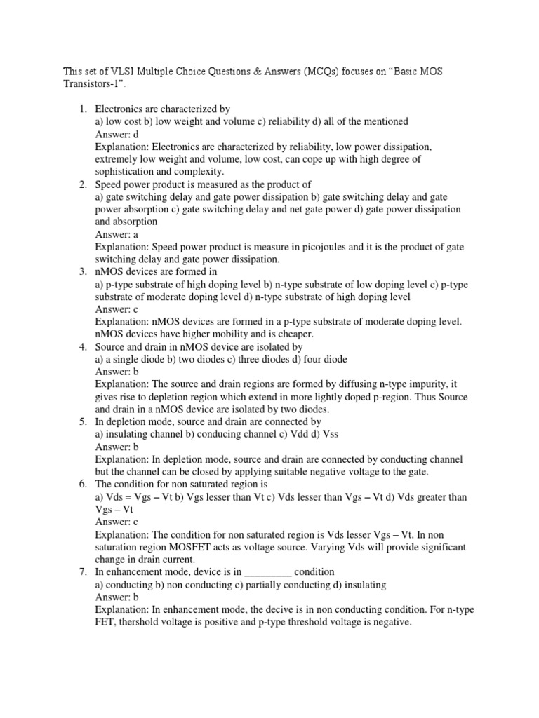 This Set of VLSI Multiple Choice Questions | PDF | Field Effect ...