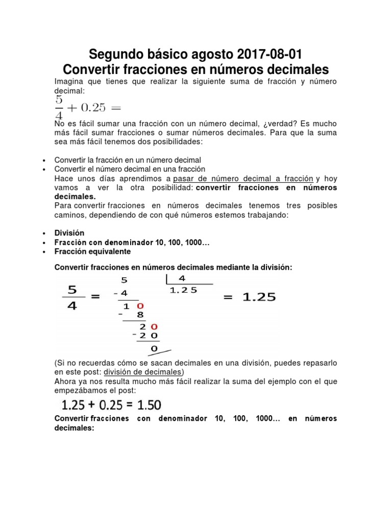 Convertir Fracciones a Decimales | PDF | Fracción (Matemáticas ...