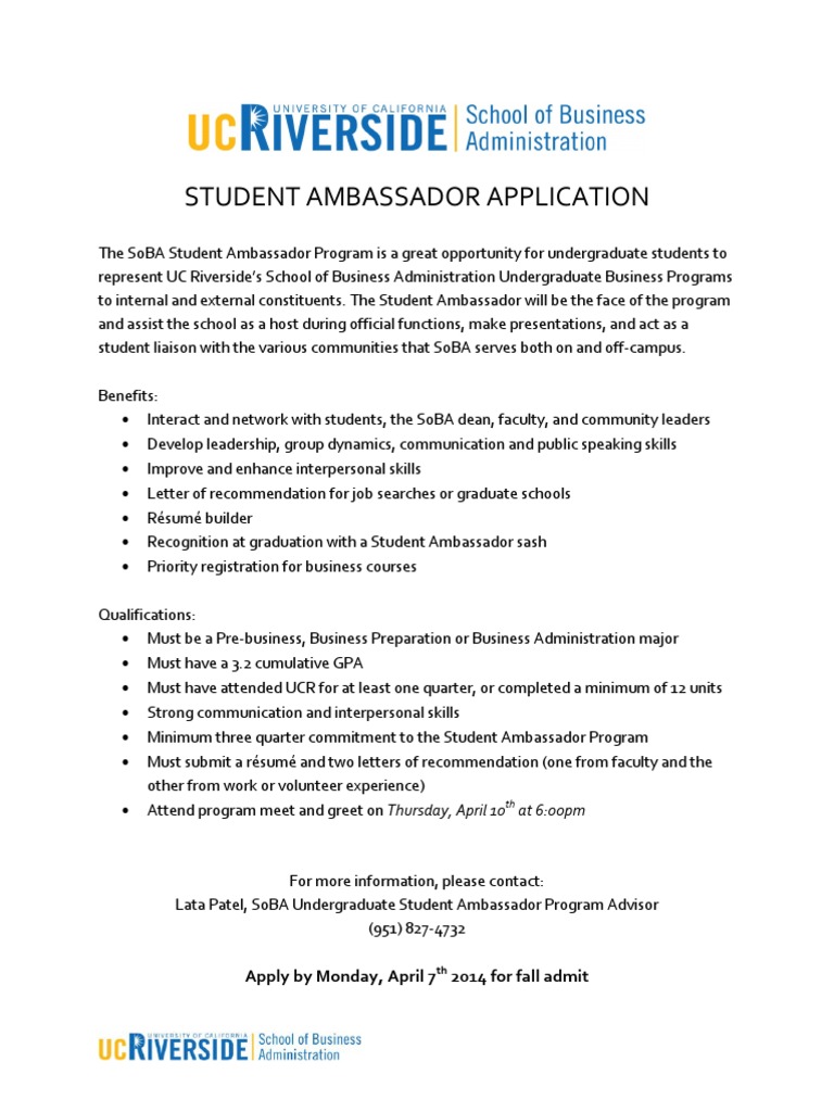 Student Ambassador Application Apply By Monday April 7 2014 For Fall 