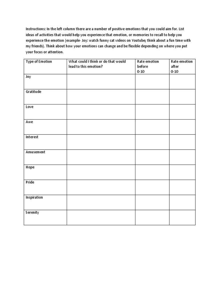 Positive Emotions Worksheet