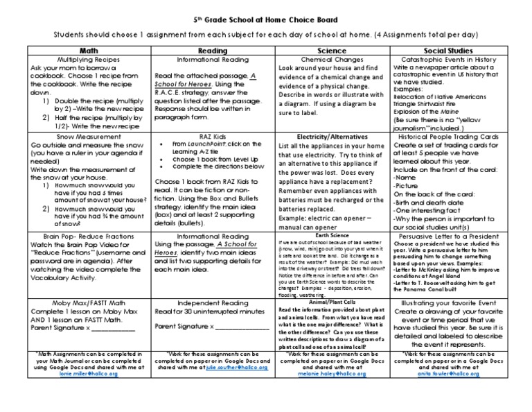 5 Grade School at Home Choice Board: School For Heroes. Using The | PDF ...