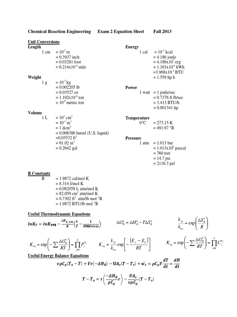 Chemical Reaction Engineering Exam 2 Equation Sheet Fall 2013 | Ton ...