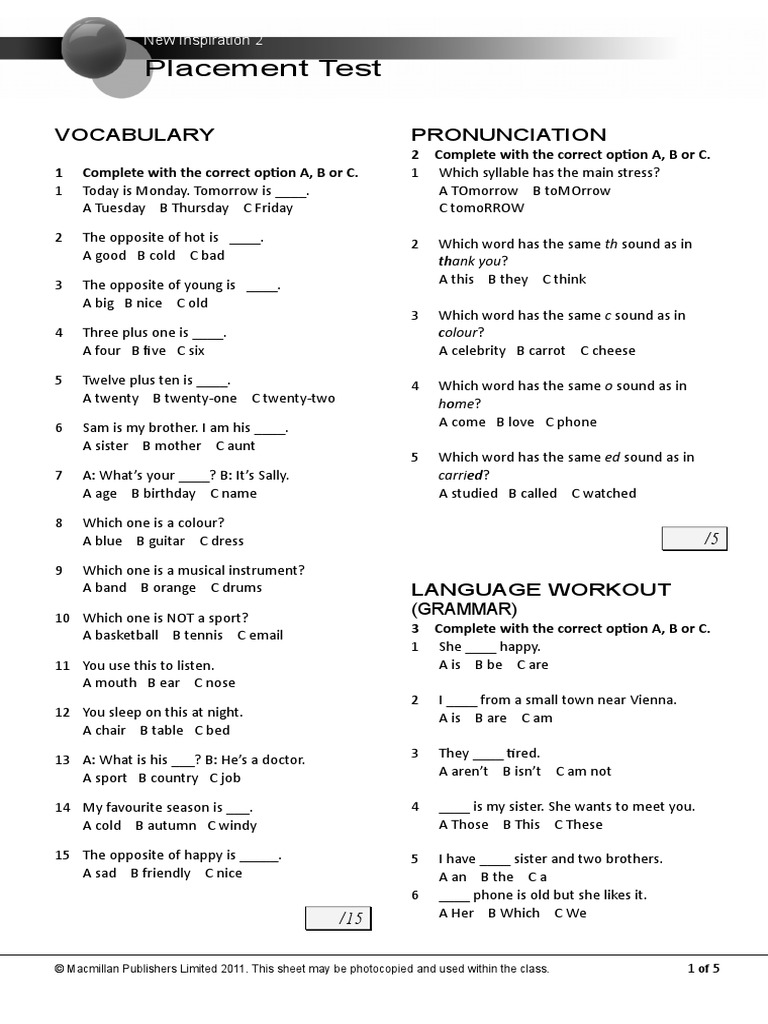 Placement Test: Vocabulary Pronunciation | PDF | Leisure