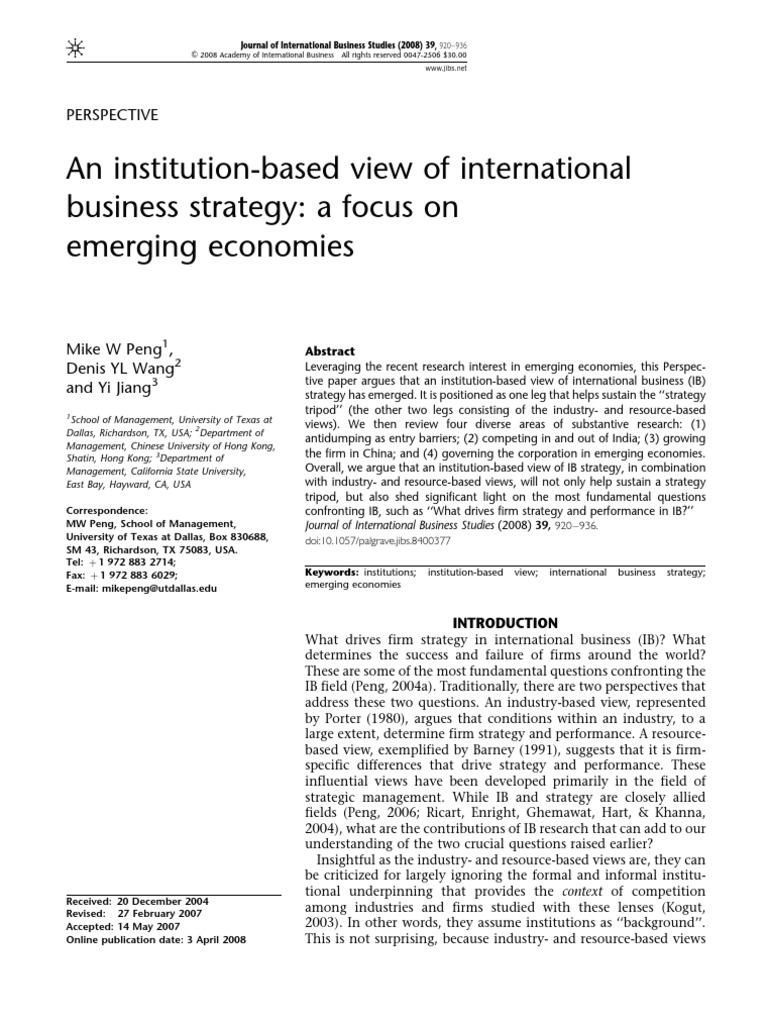An Institution-Based View of International Business Strategy: A Focus ...