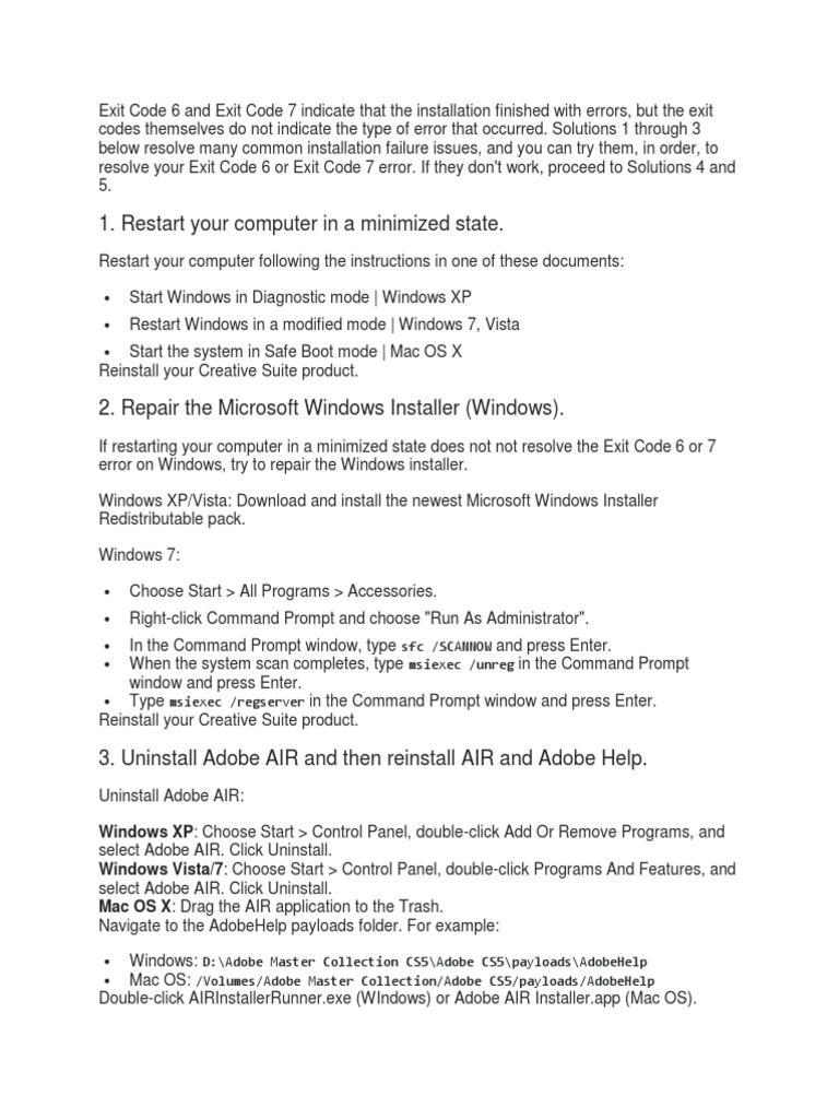 Fix Adobe CS5 Exit Code 6 & 7 Errors | PDF | Adobe Creative Suite | Microsoft Windows