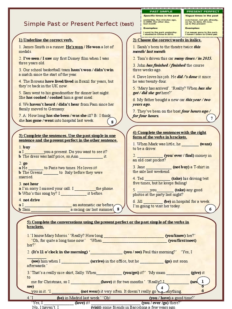 Simple Past or Present Perfect Test Grammar Drills Grammar Guides Tests ...