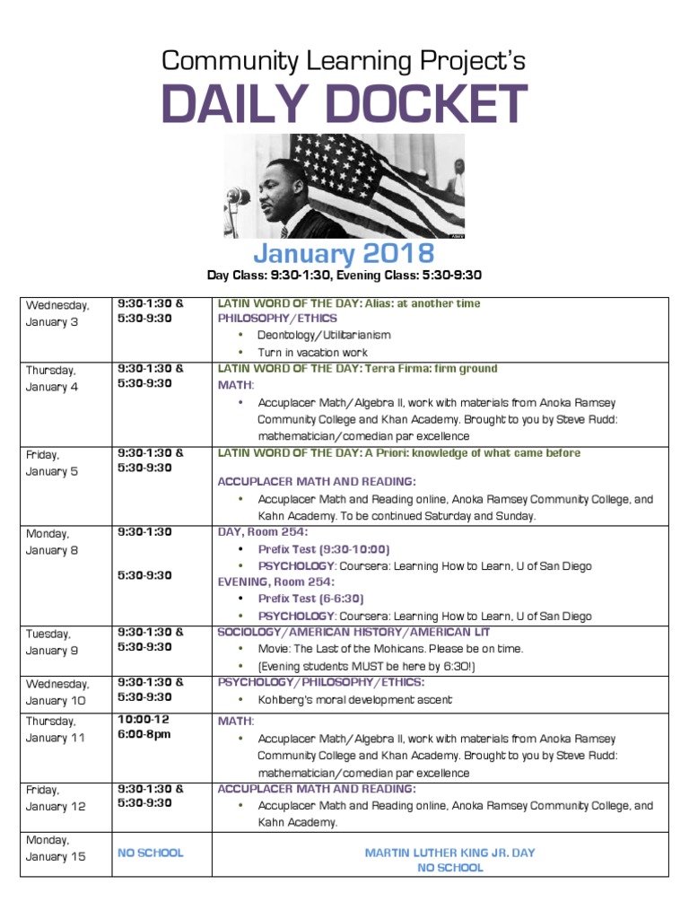 Calendar January 2018 Daily Docket | PDF