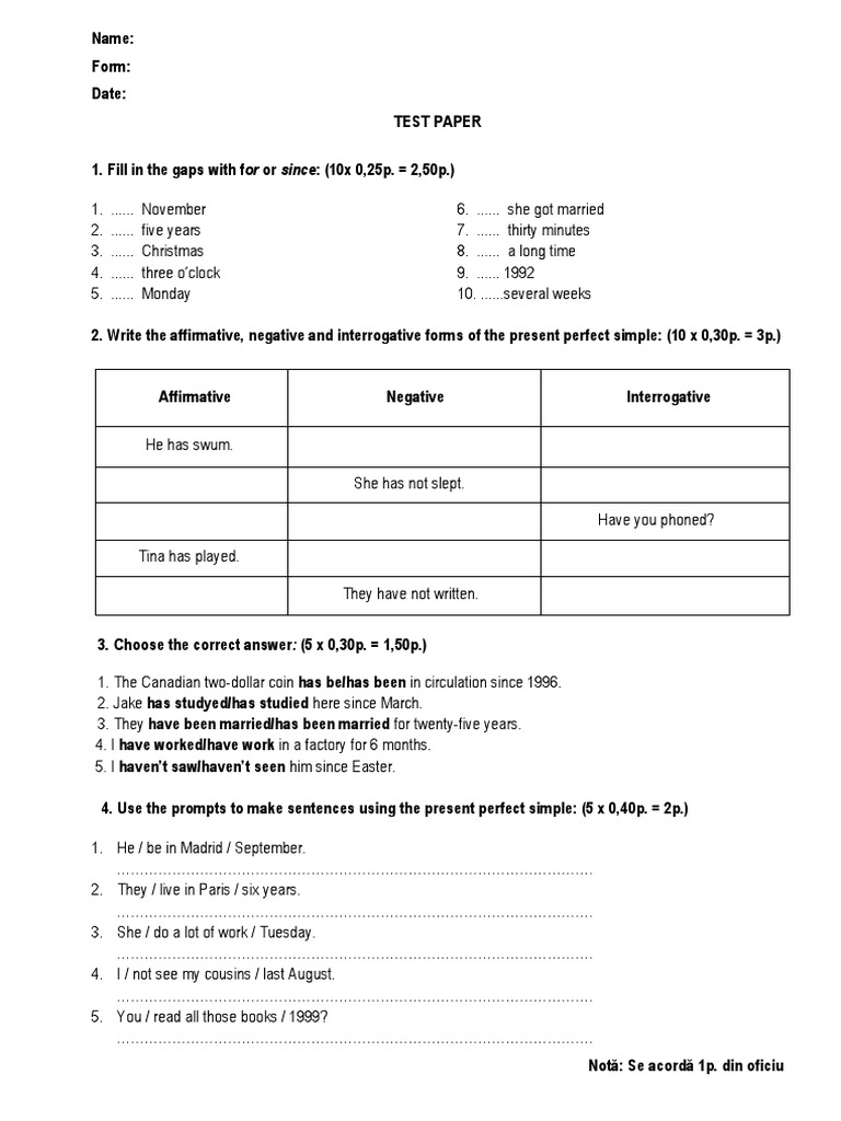 Test Paper 7th Grade Present Perfect Simple | PDF