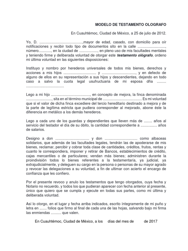 Modelo de Testamento Olografo | Voluntad y testamento | Justicia