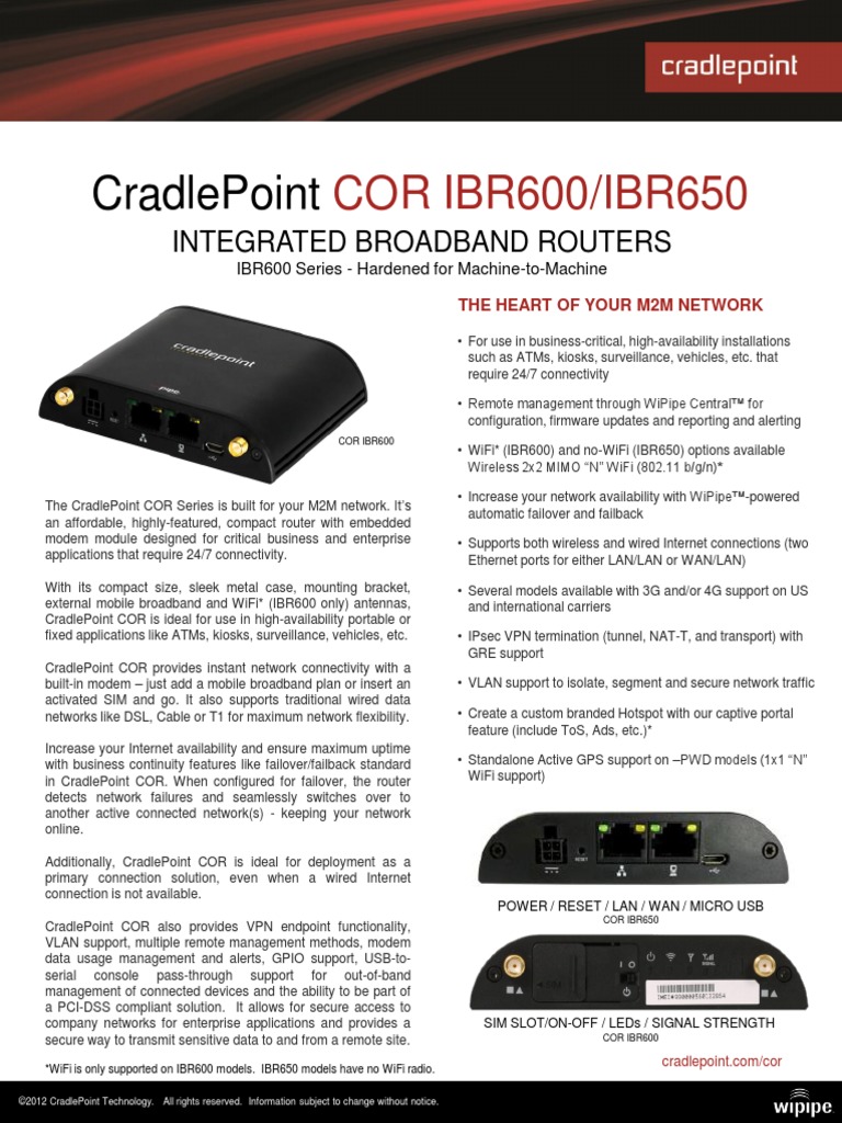 CradlePoint COR IBR6x0 DataSheet 10.22.12 | PDF | Wi Fi | Computer Network