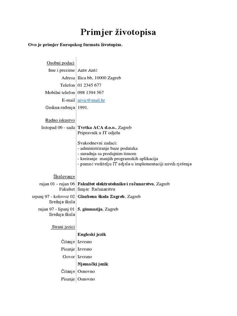 Primjer Zivotopisa | PDF