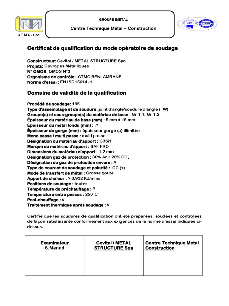 Certificat de Qualification Du Mode Opératoire de Soudage Cevital MS QMOS N3 | PDF | Soudage ...