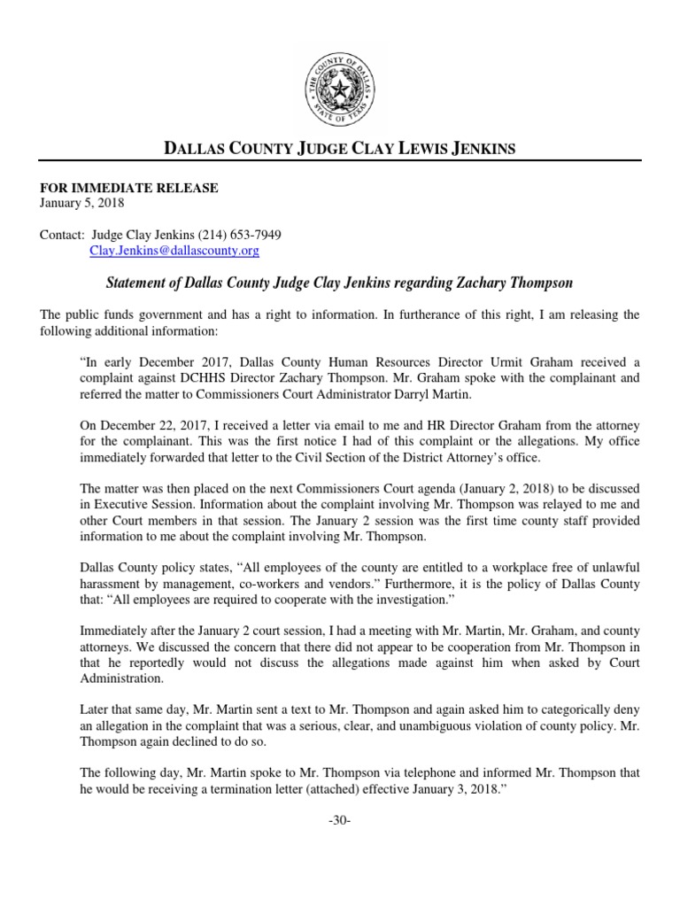 Statement of Dallas County Judge Clay Jenkins On Firing of Zachary ...