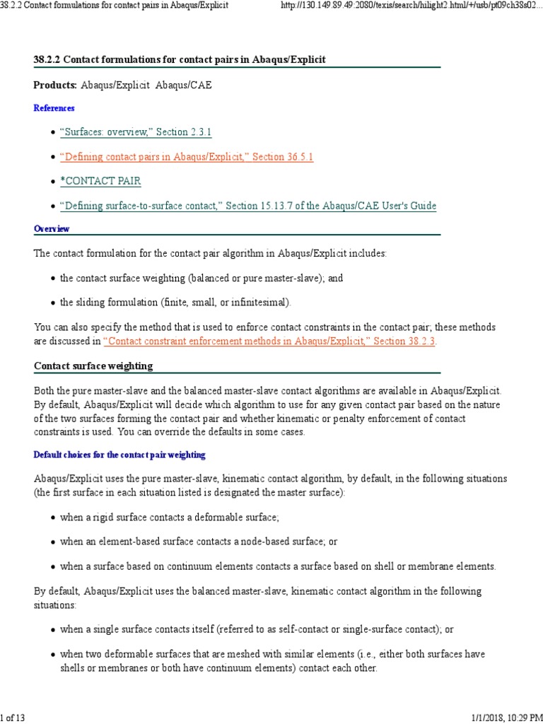 Contact Formulations For Contact Pairs in Abaqus Explicit | PDF ...