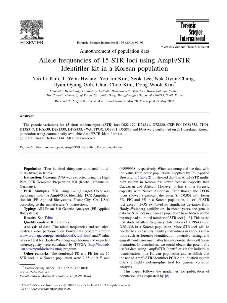 Allele Frequencies of 15 STR Loci Using AmpFlSTR Identifiler Kit in A ...