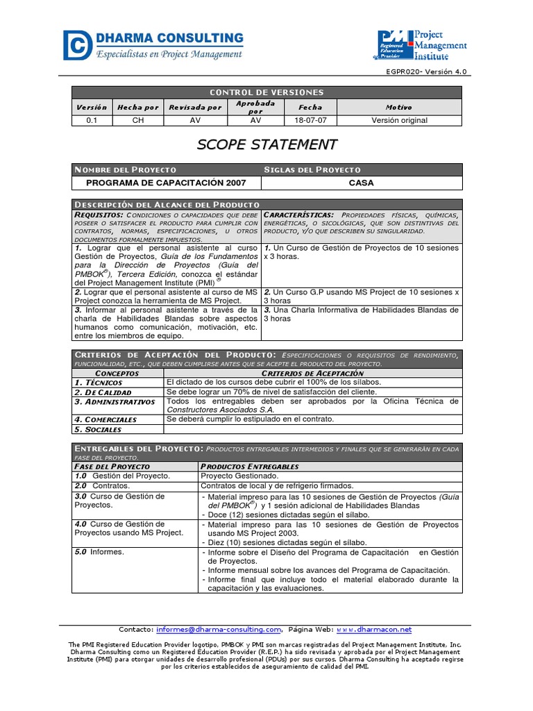 Ejemplo de Scope Statement | PDF | Gestión de proyectos | Calidad ...