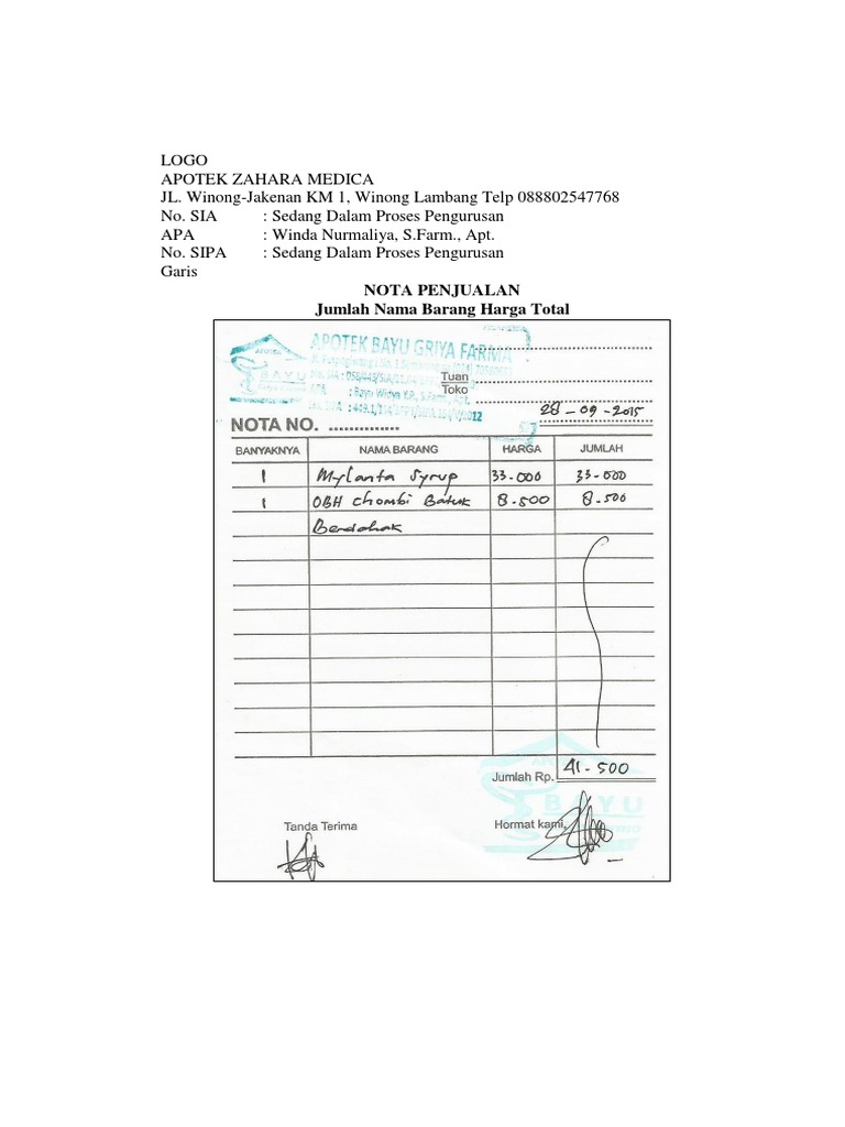 Nota Penjualan Apotek Zahara | PDF