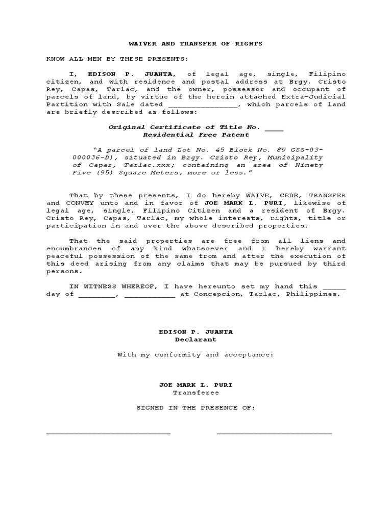 Waiver and Transfer of Rights Land 89 | Deed | Private Law