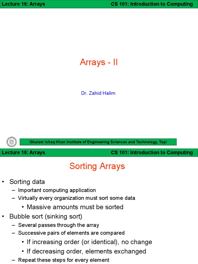 ITC Lect 16 (Arrays-II) | PDF | Mode (Statistics) | Computer Programming