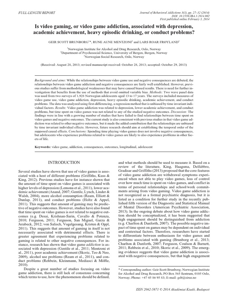 Is Video Gaming, or Video Game Addiction, Associated With Depression ...