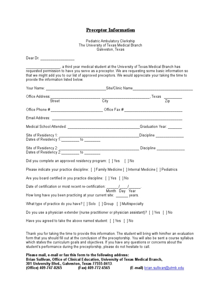 Pedi Preceptor Info Form | PDF | Residency (Medicine) | Medical School