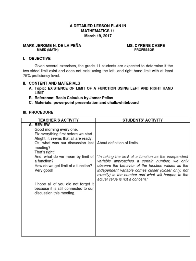 Lesson Plan in Mathematics 11 | PDF | Function (Mathematics) | Lesson Plan