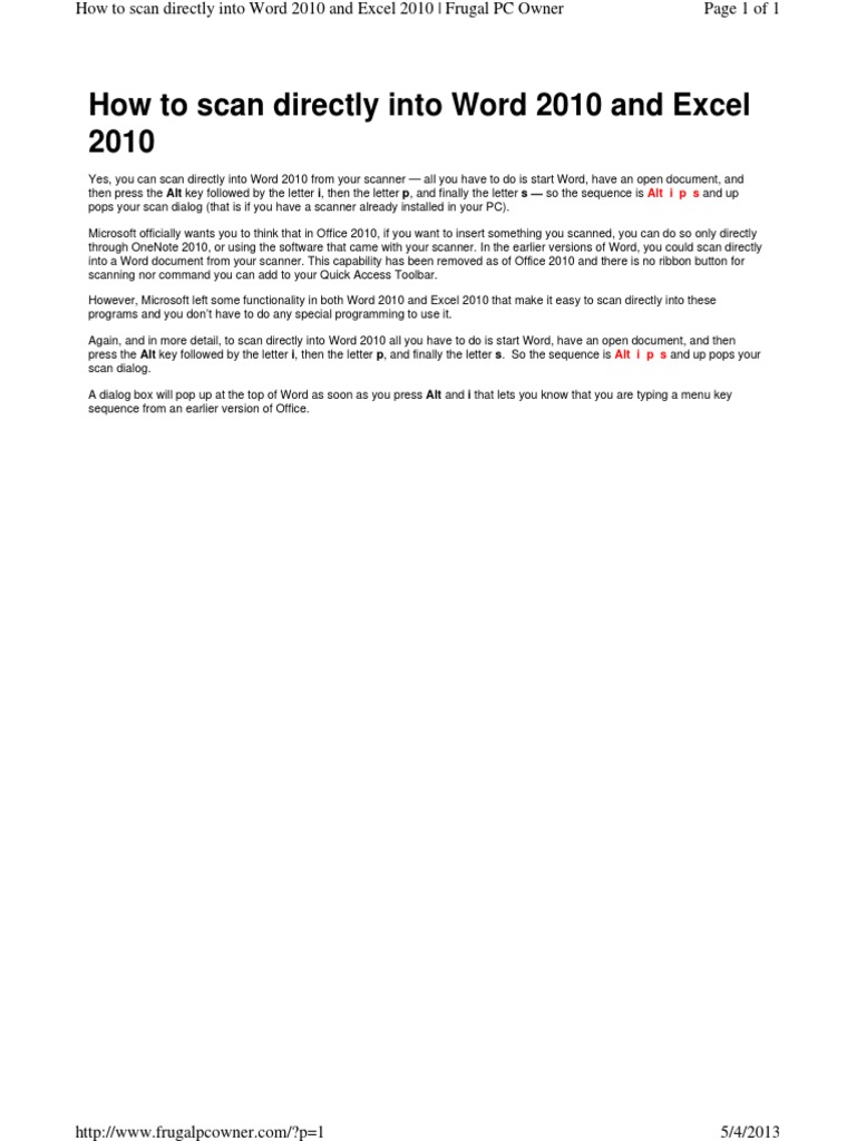 How To Scan Directly Into Word 2010 and Excel 2010: Alt I P S | PDF