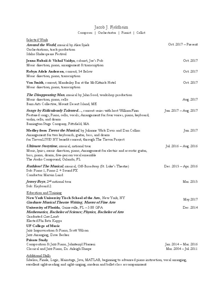 Jacob Fjeldheim Resume 12 | PDF | Piano | Cello
