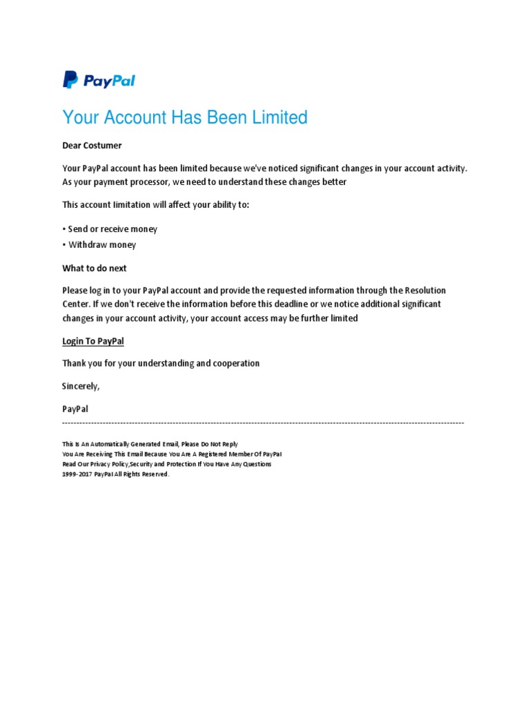 Your Account Has Been Limited: Dear Costumer | PDF