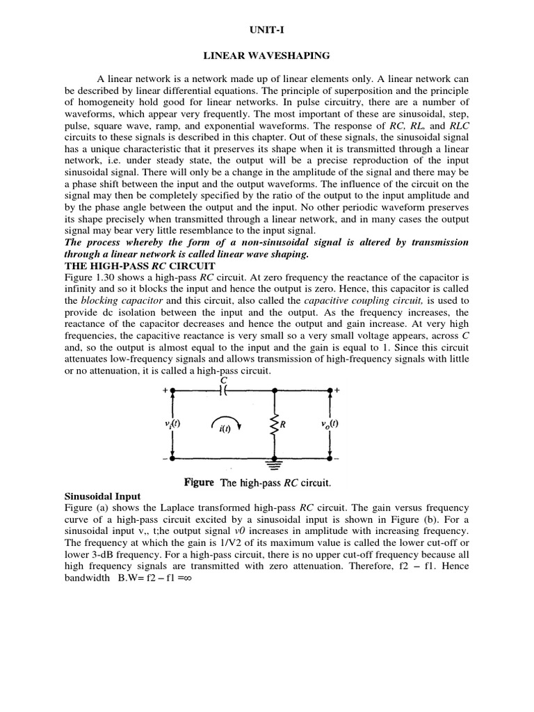 Unit-I Linear Waveshaping | PDF | Low Pass Filter | Capacitor